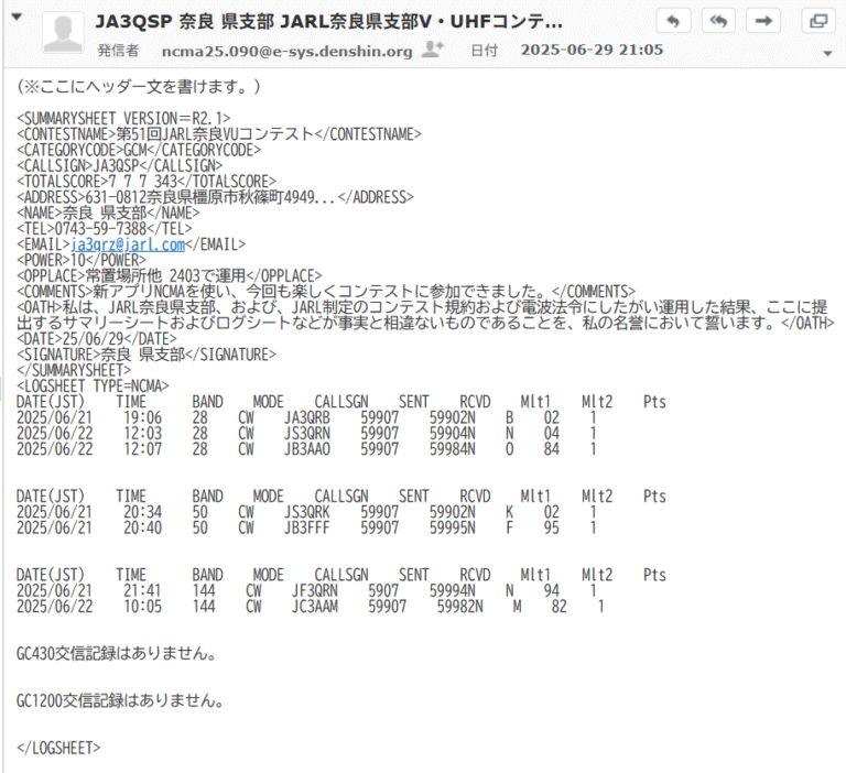 CWマルチバンド部門でのサマリー・ログ出力例 – Fun e-Programming
